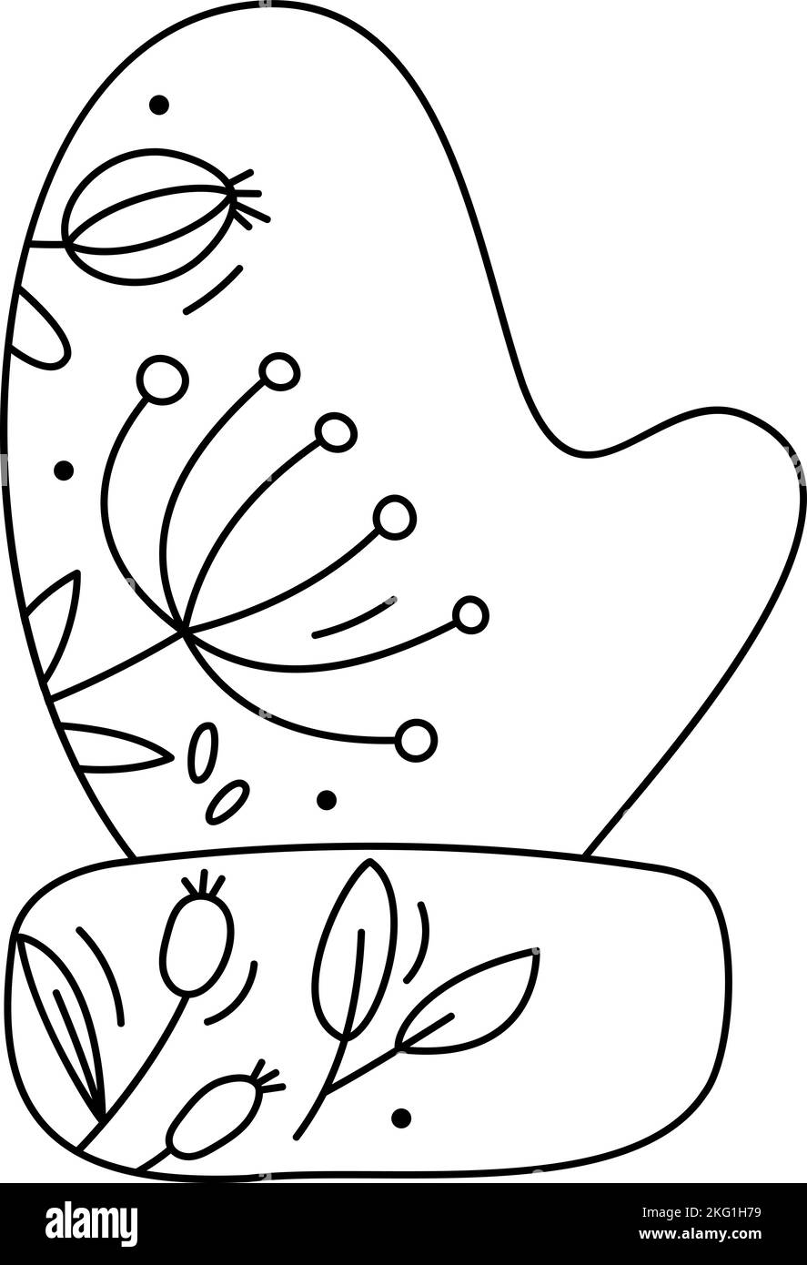 Hand drawn vector Christmas line mitten with line berries, branches ...