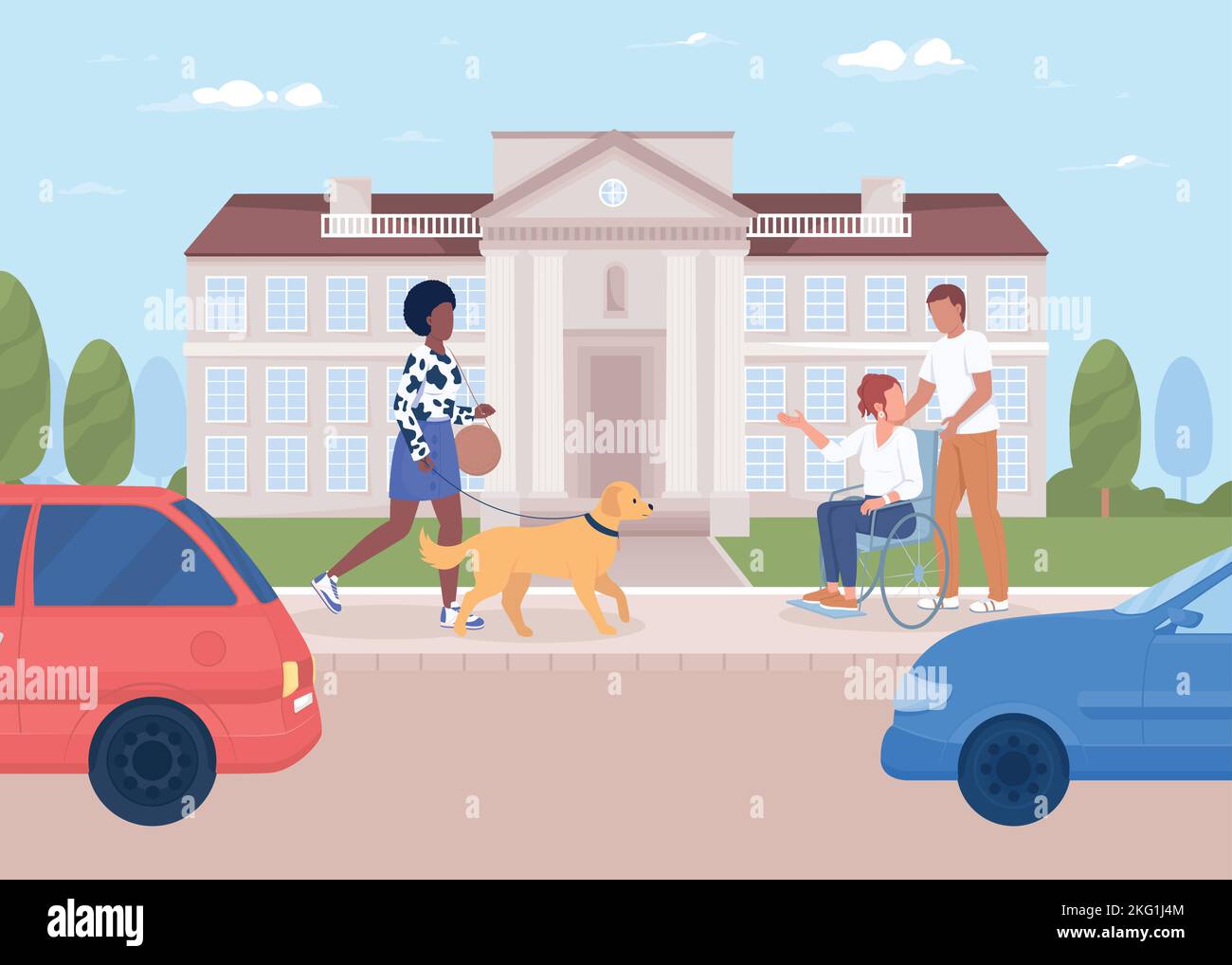 Citizens and traffic in city flat color vector illustration Stock ...