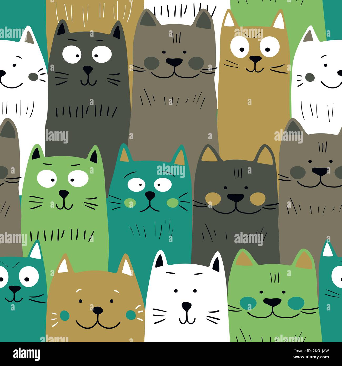 Seamless pattern with cute kitten print. Different scandy cats on color ...
