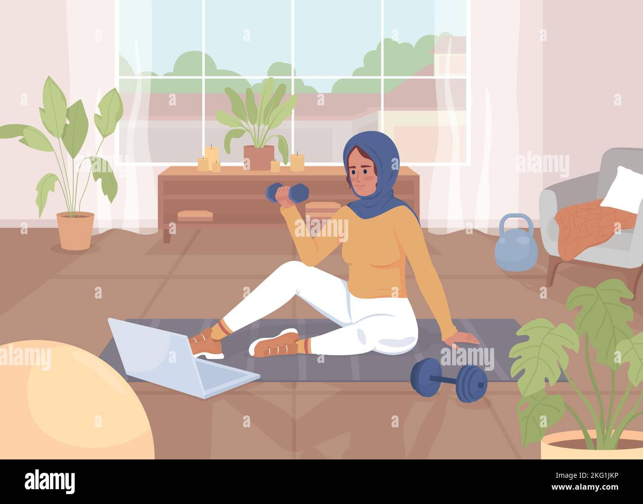Lady doing exercise with dumbbells flat color vector illustration Stock ...