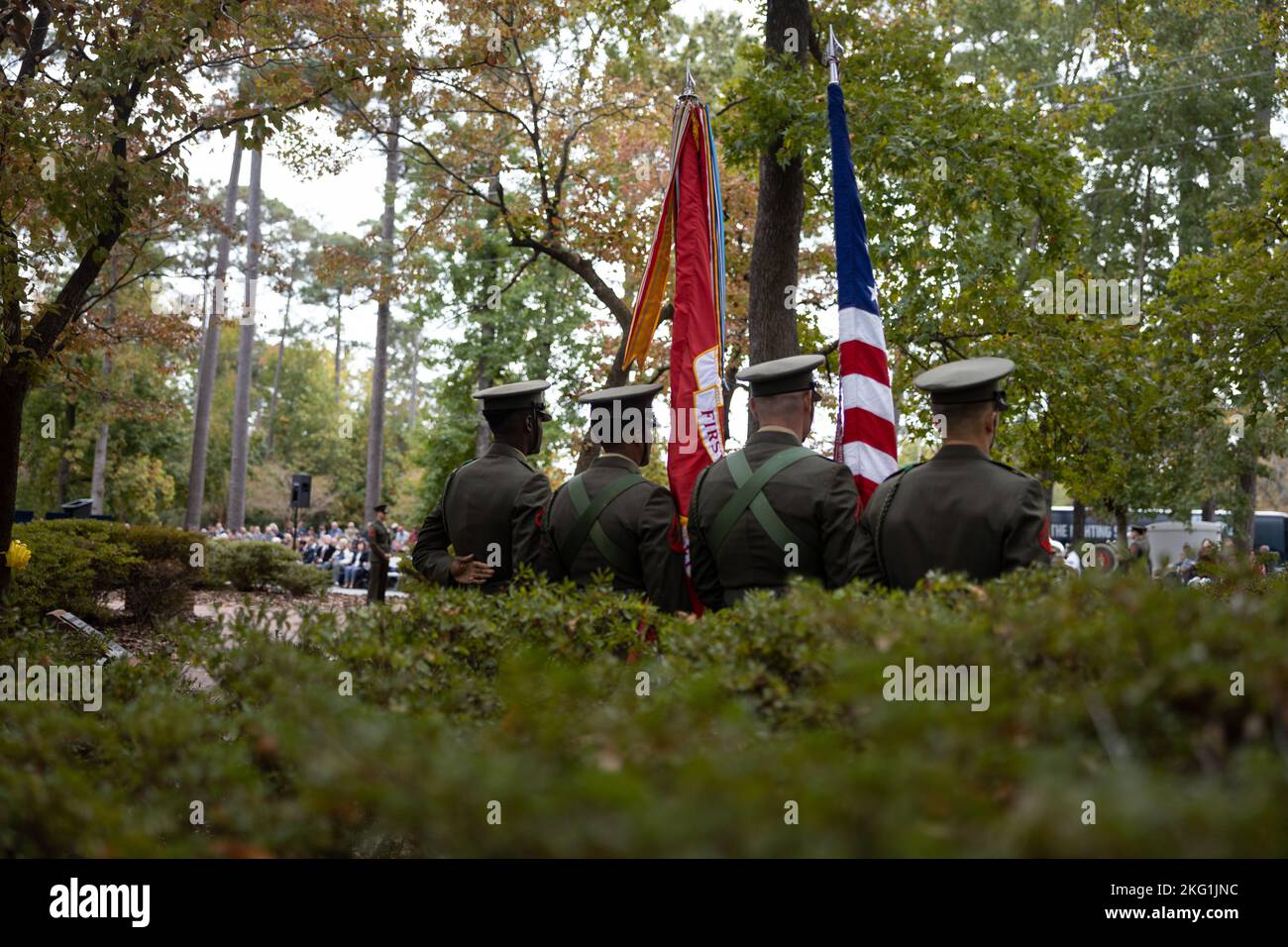 The 1st Battalion, 8th Marines Color Guard stands with the colors ...