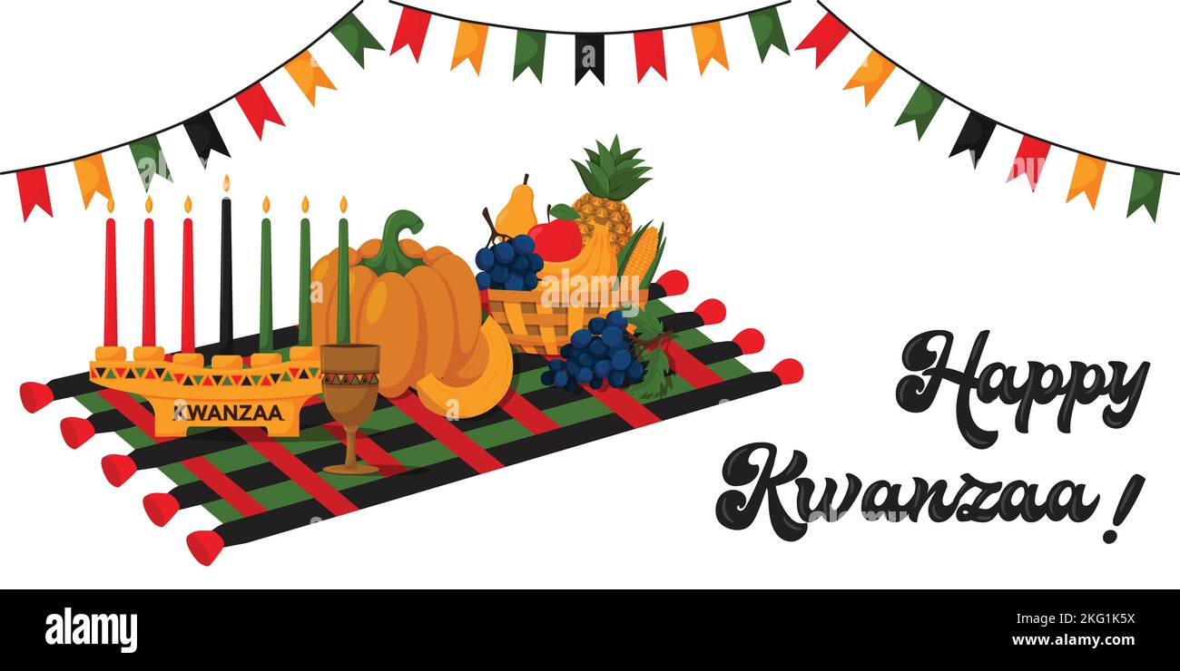 Horizontal festive concept banner Happy Kwanzaa. Kwanzaa mat, a kinara ...
