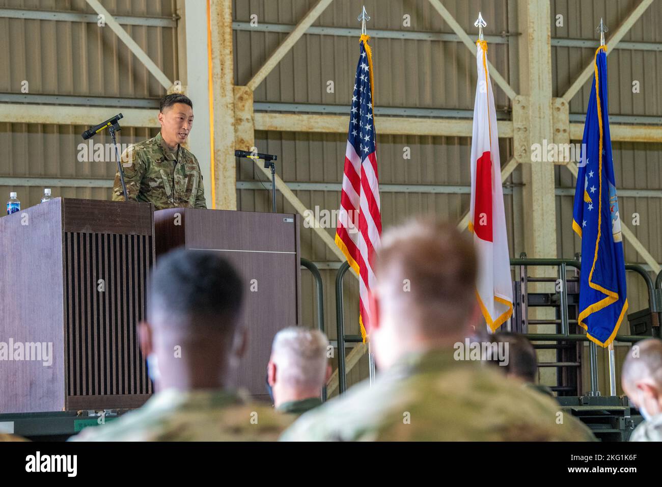 Col. Jun Oh, 374th Operations Group commander, delivers remarks at the ...