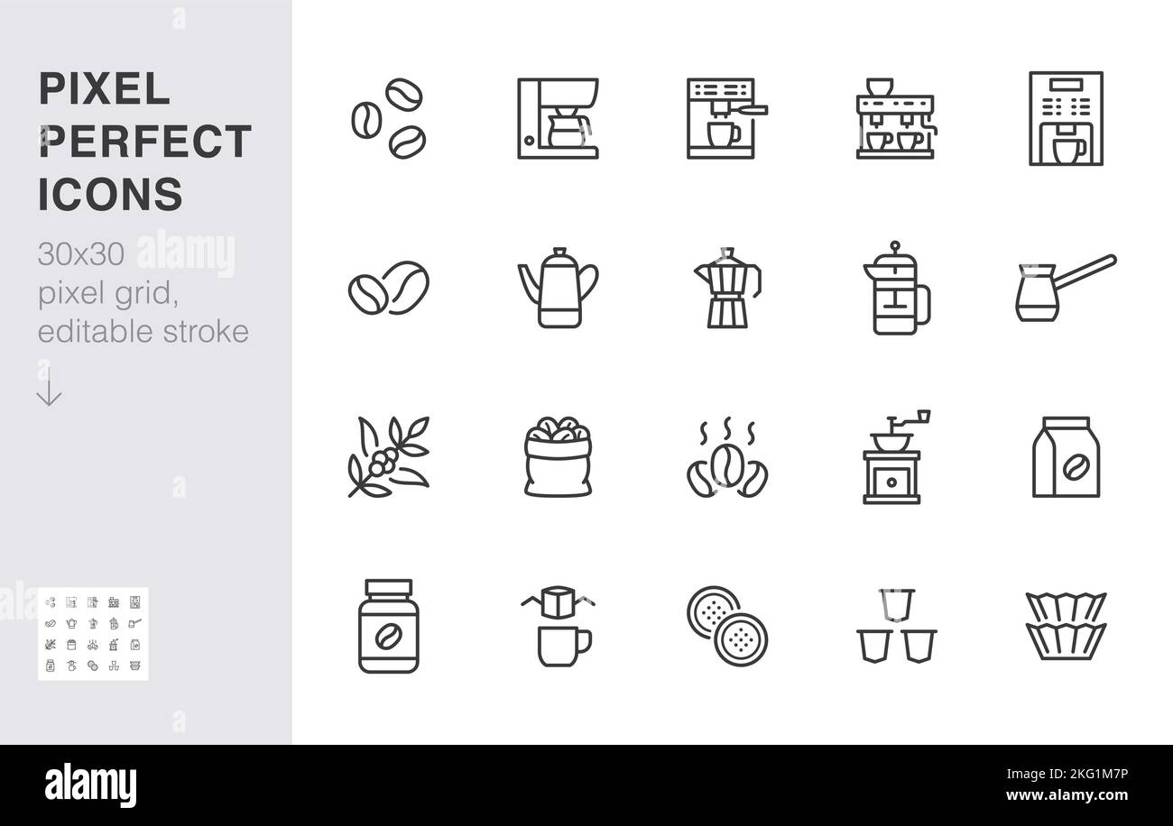Coffee making line icon set. Drip bag, moka, pod, capsule, arabian ...
