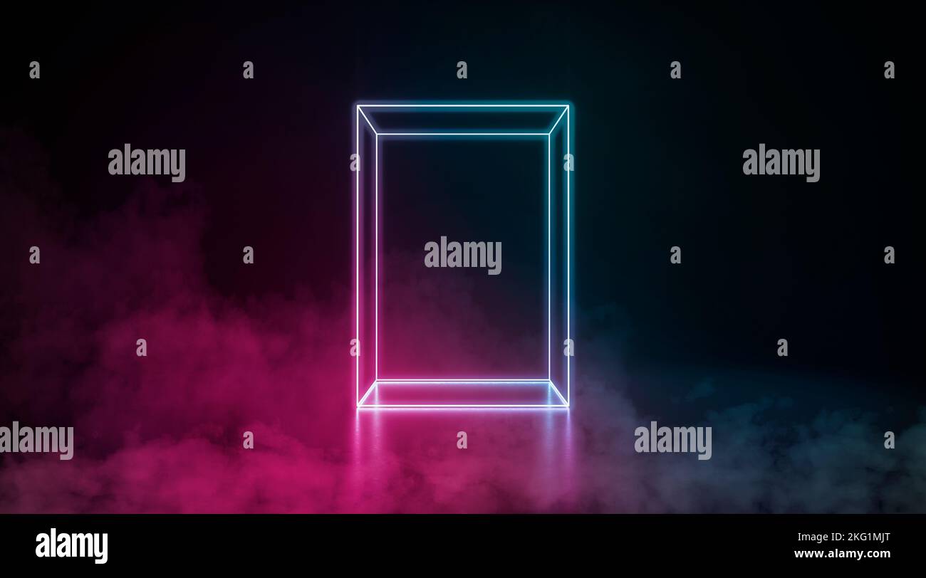 Colored neon glowing rectangle box stand in darkness, fog effect, 3d ...