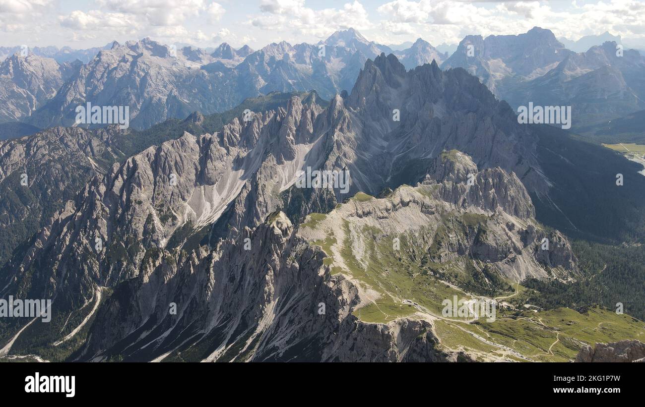 An aerial view of the National park Tre Cime di Lavaredo in the ...