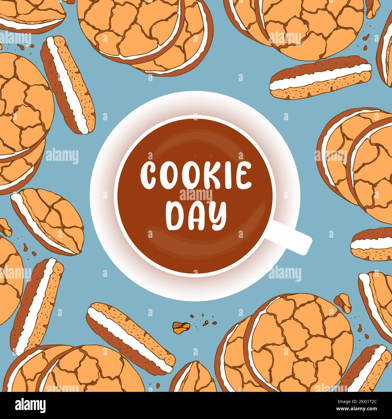 Cookie Day banner, Tea mug, blue background, frame. Vector illustration ...