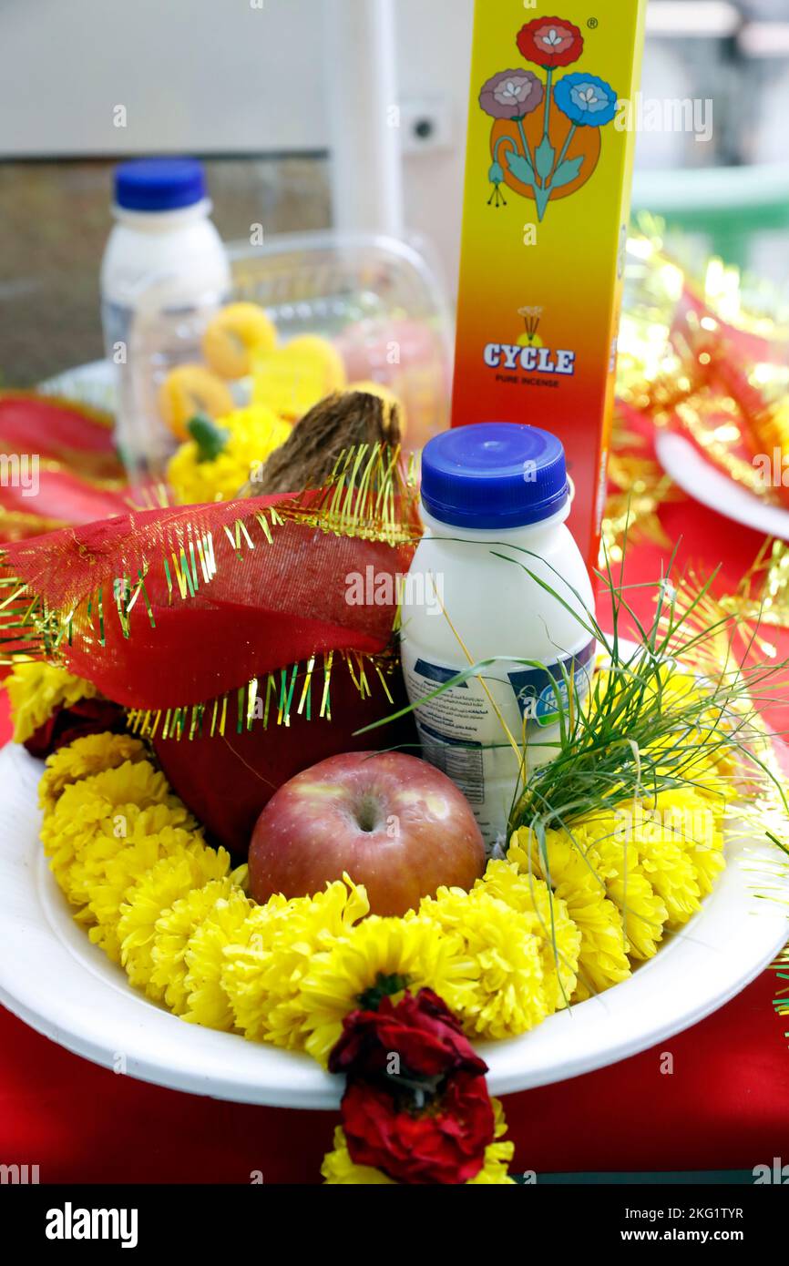 Shiva hindu temple. Plate with offerings for puja. Dubai. United Arab ...
