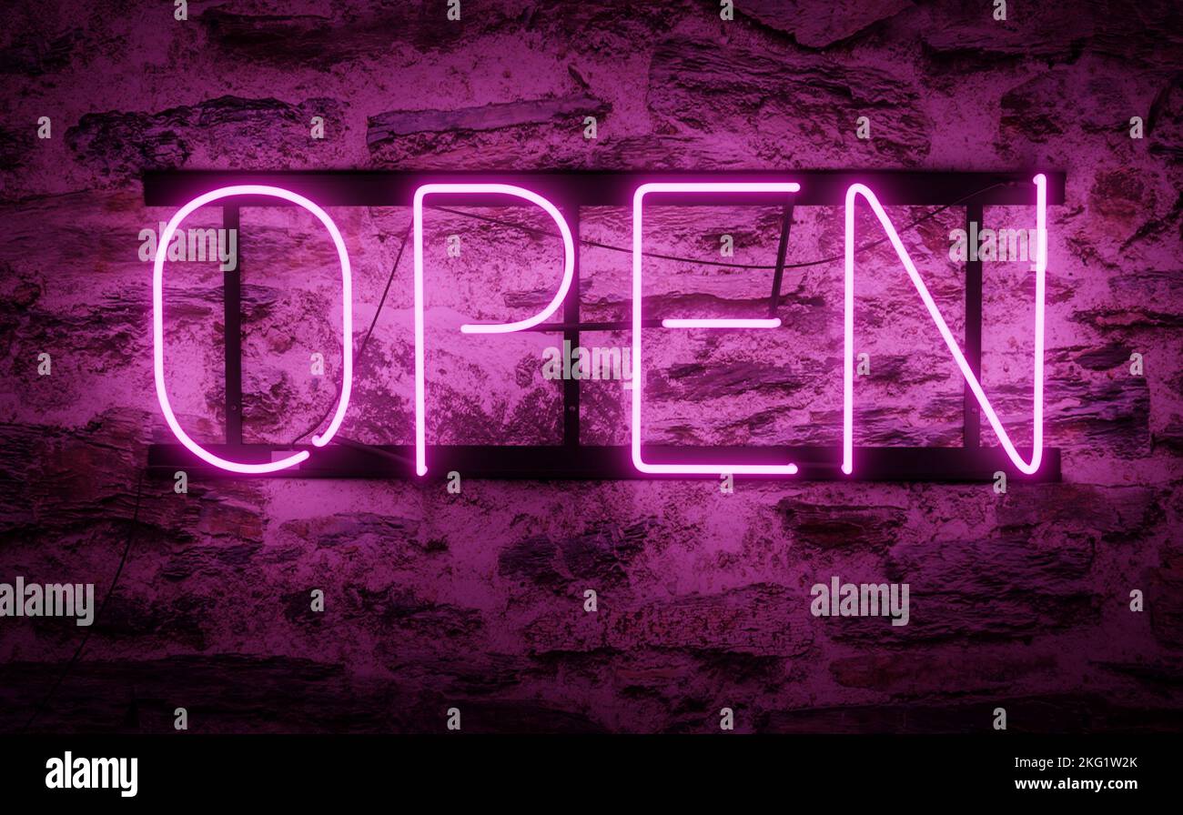Render of a bright neon sign with an open purple caption indicating ...