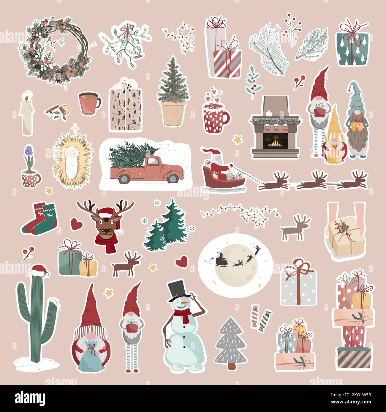Christmas stickers set with cartoon New Year elements, characters, and ...