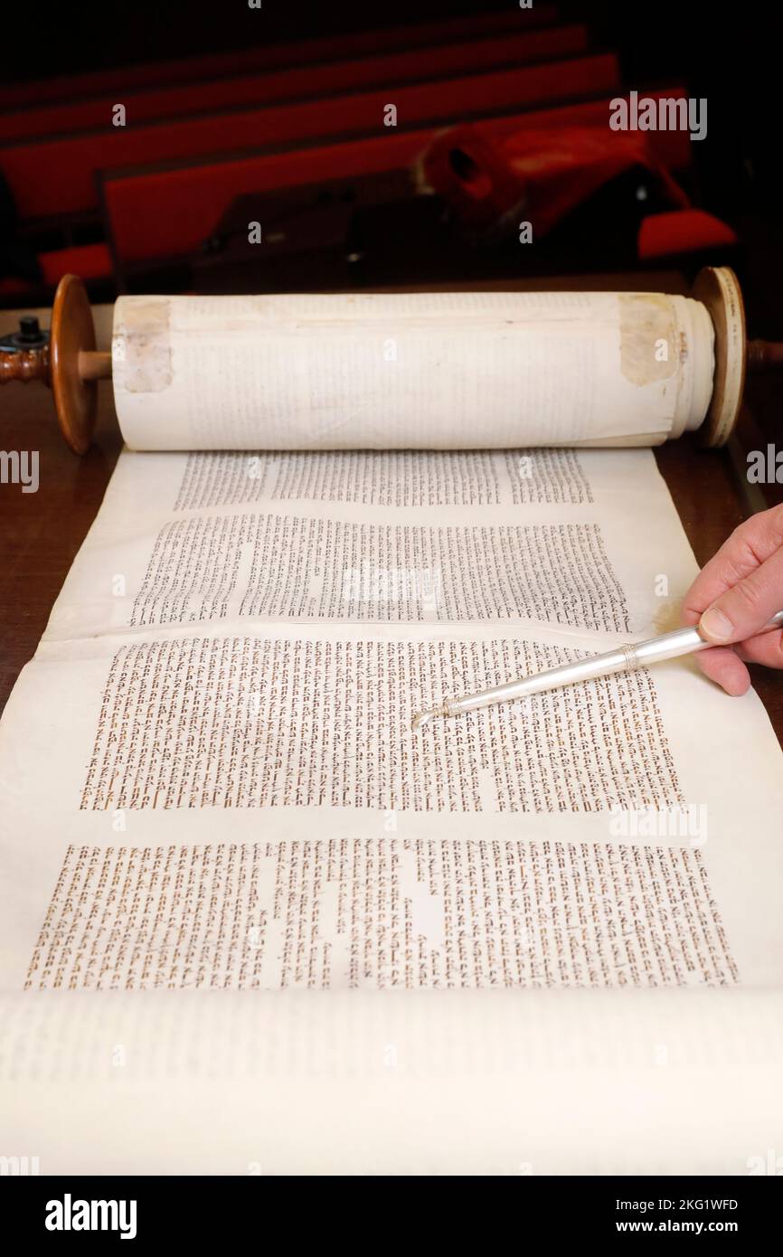 Rabbin holding a yad, reading an ancient Torah scroll. Yom Kippur Stock ...