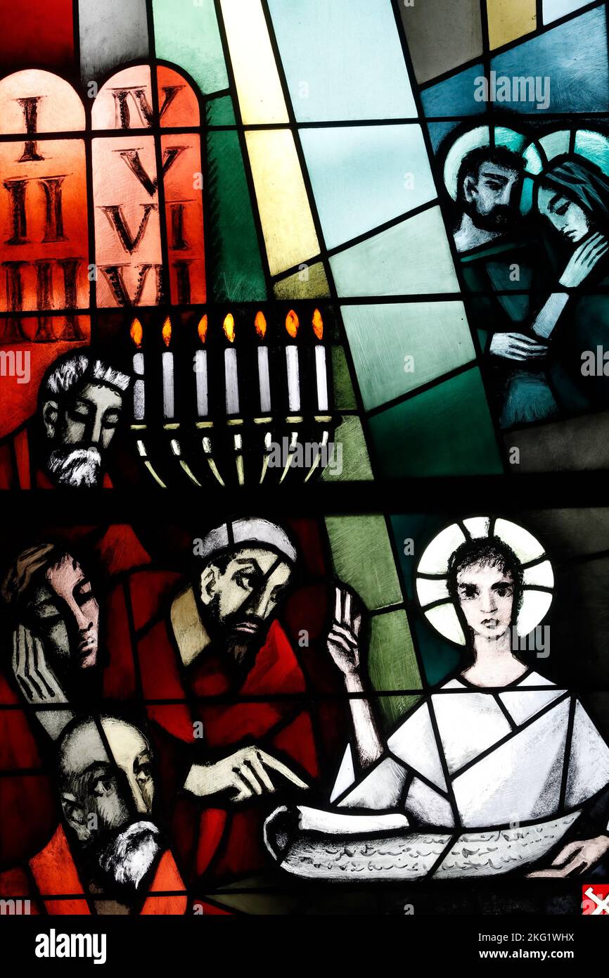 Jesus and the doctors of the Faith. Stained glass window. Switzerland ...