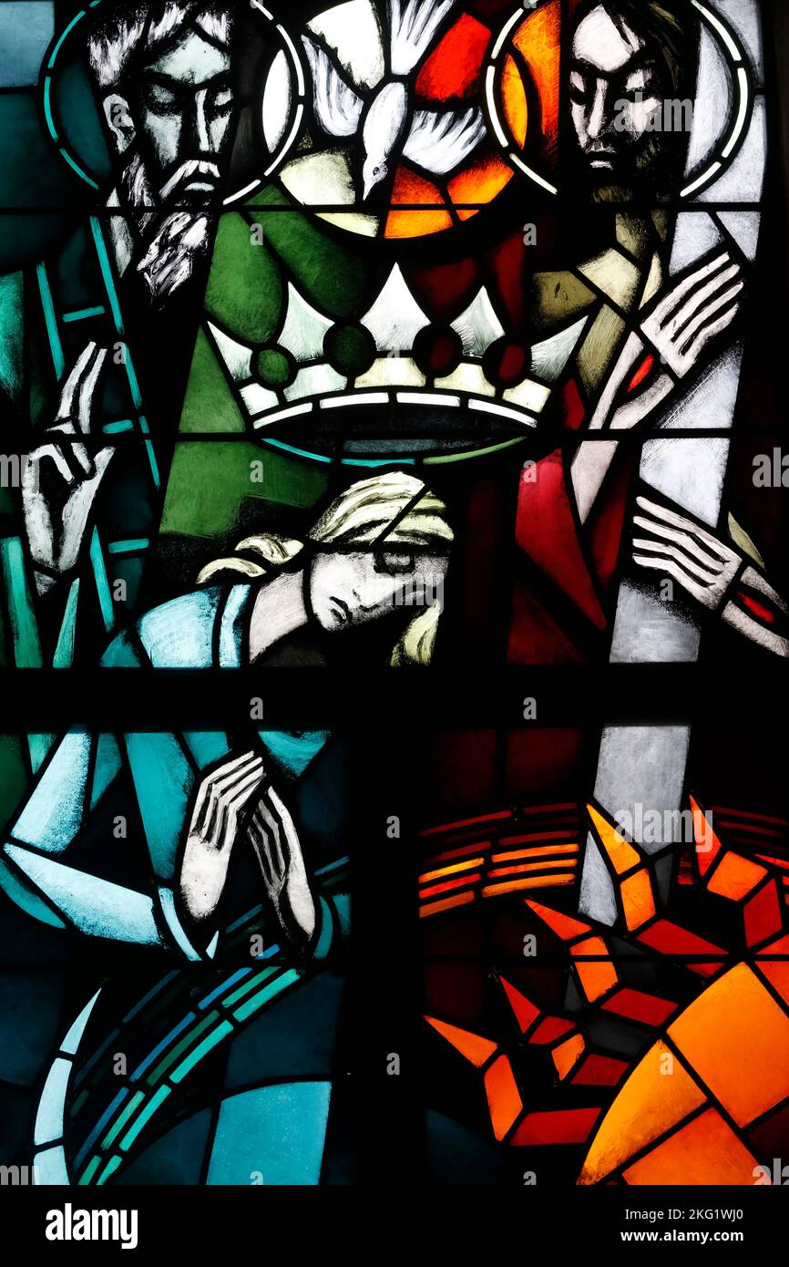 Coronation of the Virgin Mary. Holy Trinity. Stained glass window ...