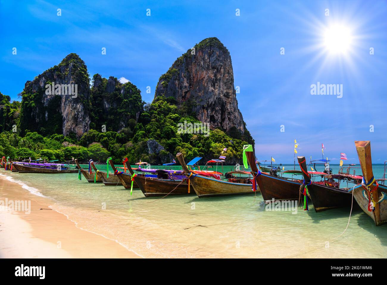 Long tail boats and rocks on Railay beach west, Ao Nang, Krabi ...