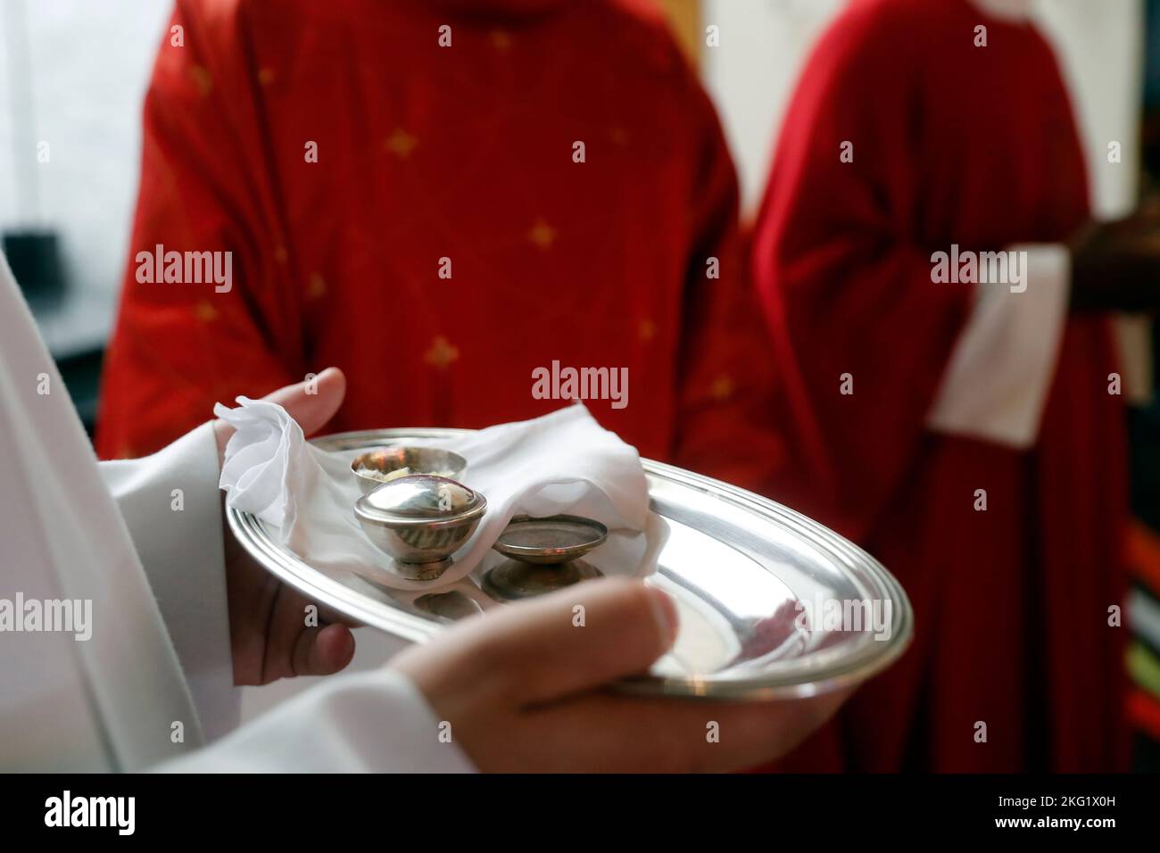 Roman catholic confirmation ceremony in church. Oil of Catechumens ...