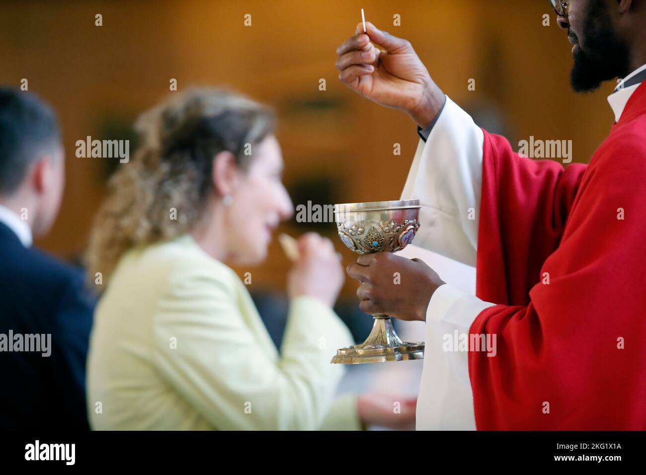 Roman catholic confirmation ceremony in church. Sainte Claire church ...