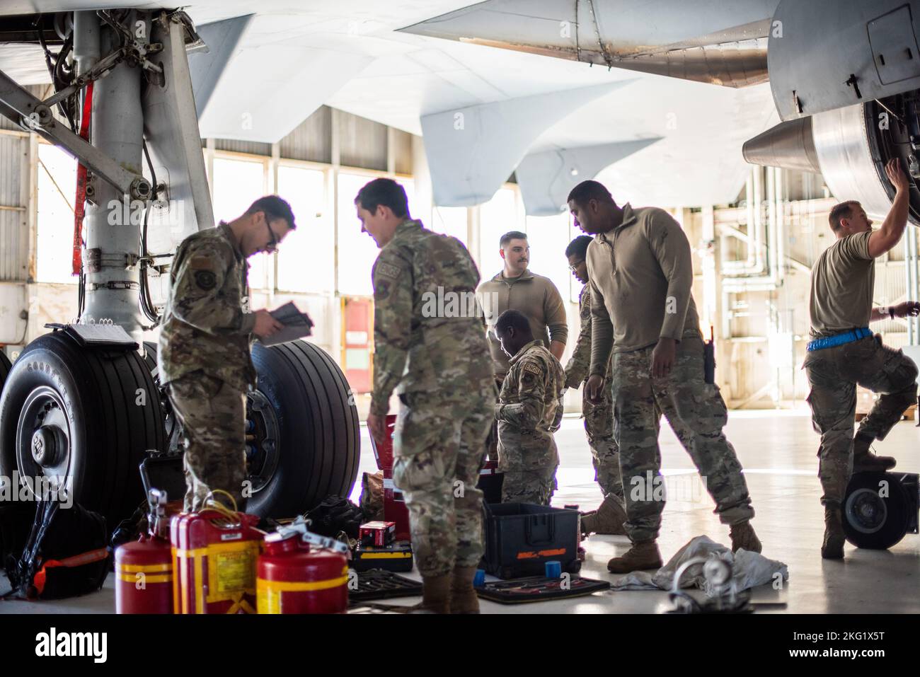 U.S. Airmen with the 660th Aircraft Maintenance Squadron stow tools ...