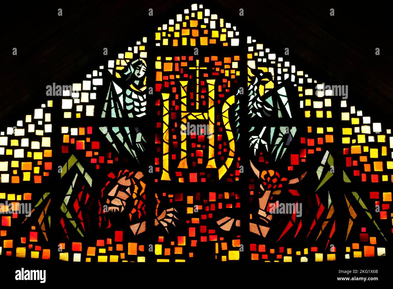 Saint Bernard-de-Menthon church. Stained glass window. IHS or JHS ...