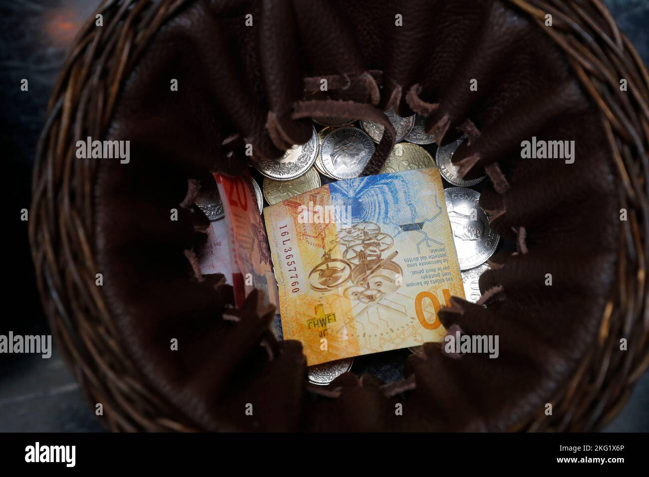 Collection During a Catholic Mass. Basket with swiss Francs ...