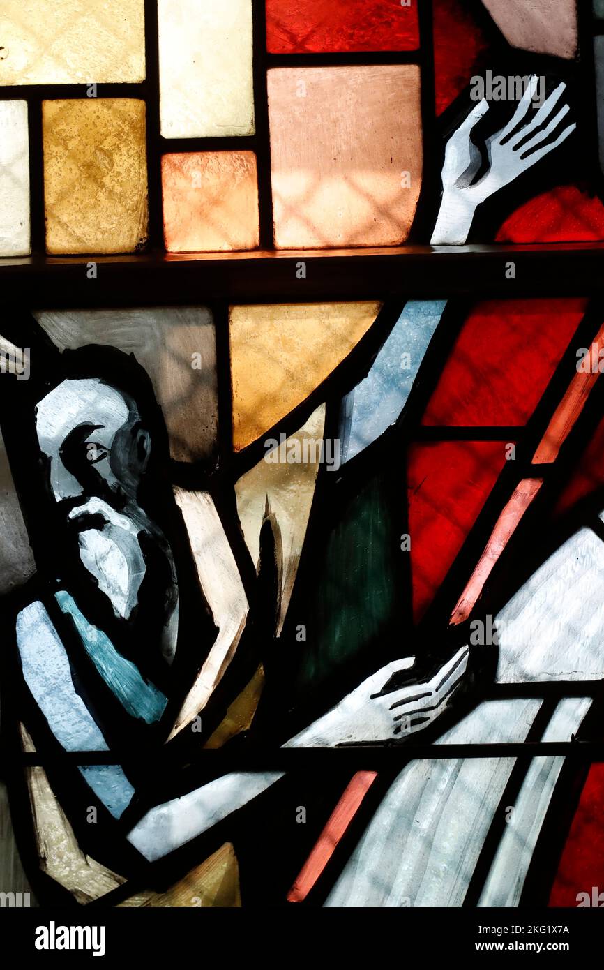 Saint Bernard-de-Menthon church. Stained glass window. Moses strikes ...