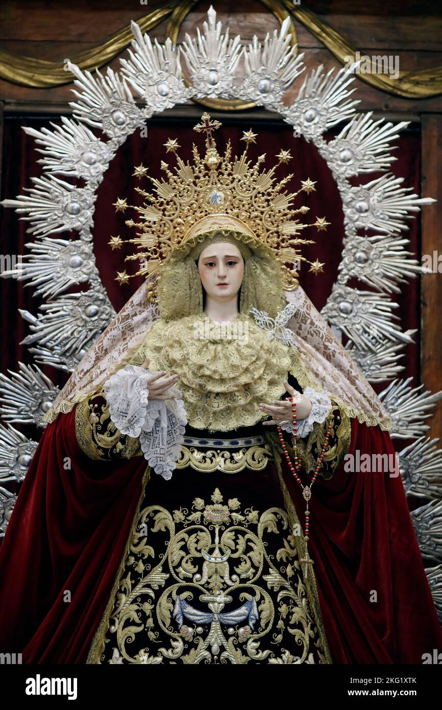 Mosque Cathedral of Cordoba. Santo Christo church. Virgin Mary statue ...