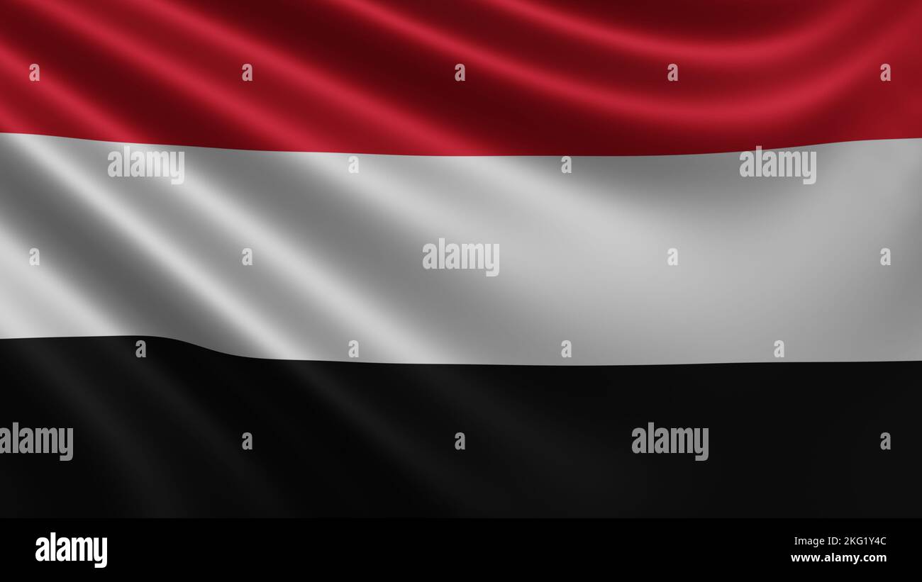 Render of the Yemen flag flutters in the wind close-up, the national ...