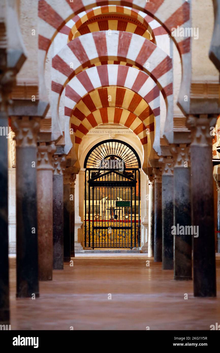 Mosque Cathedral of Cordoba. Interior of the Mezquita with red and ...