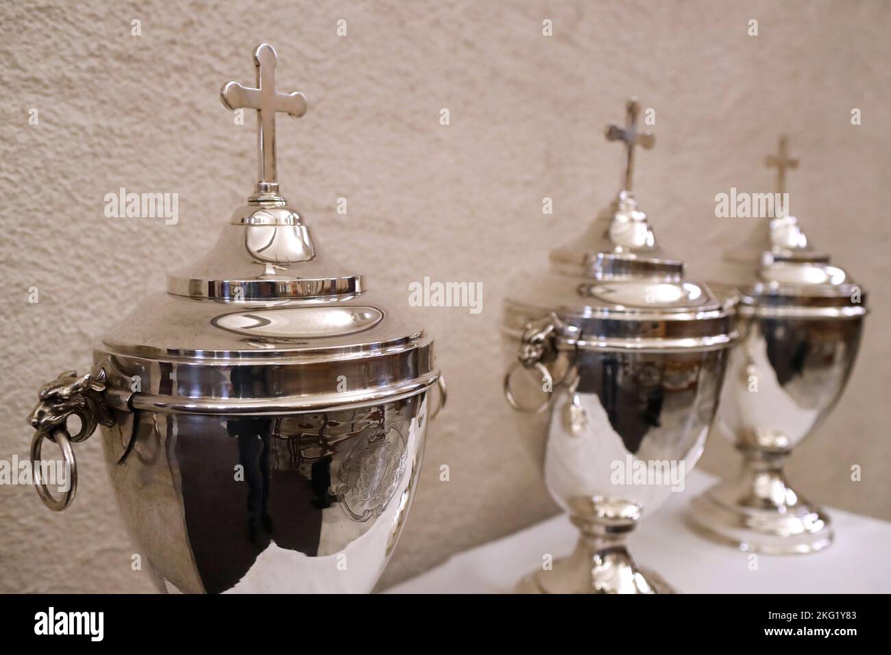 Holy Thursday. Chrism Mass. Holy oils used in the sacraments. Sacred ...