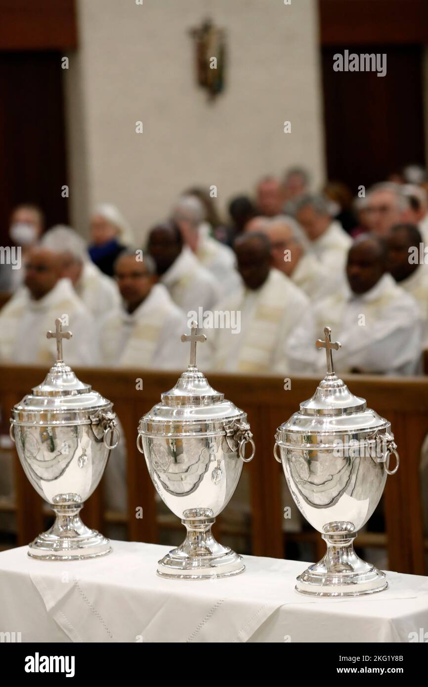 Saint Julien en Genevois church. Holy Thursday. Chrism Mass. Holy oils ...