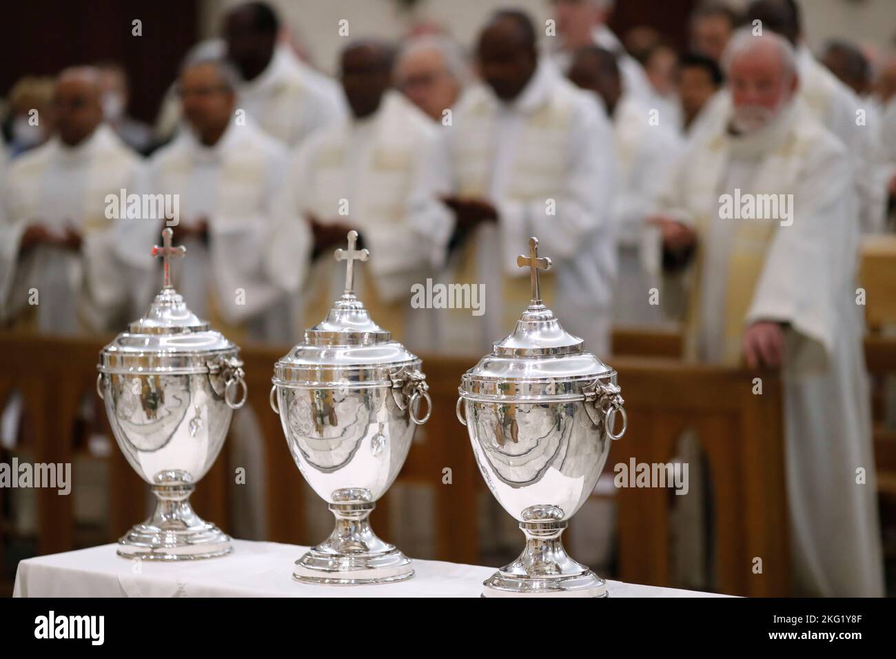Saint Julien en Genevois church. Holy Thursday. Chrism Mass. Holy oils ...