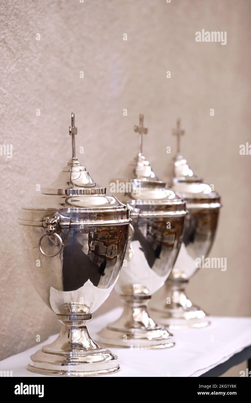 Holy Thursday. Chrism Mass. Holy oils used in the sacraments. Sacred ...