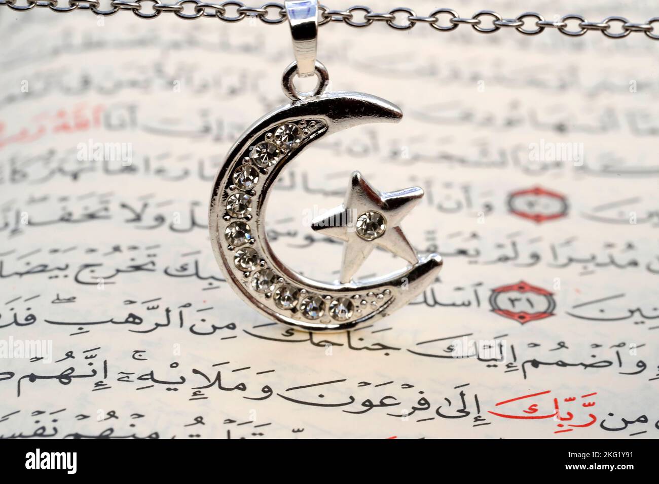 Islam symbols. Muslim Open Holy Quran and Crescent with Star pendant ...