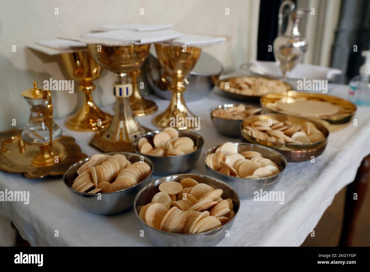 Catholic mass. Eucharist table with the liturgical items. Communion ...