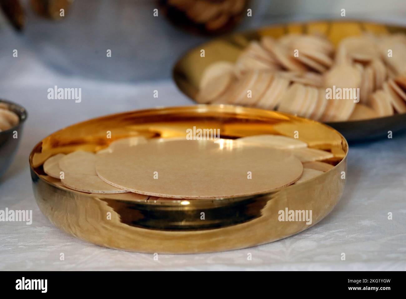 Catholic mass. Eucharist table with the liturgical items. Communion ...