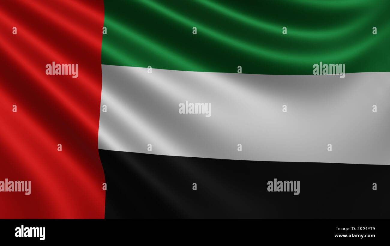 Render of the United Arab Emirates flag flutters in the wind close-up ...