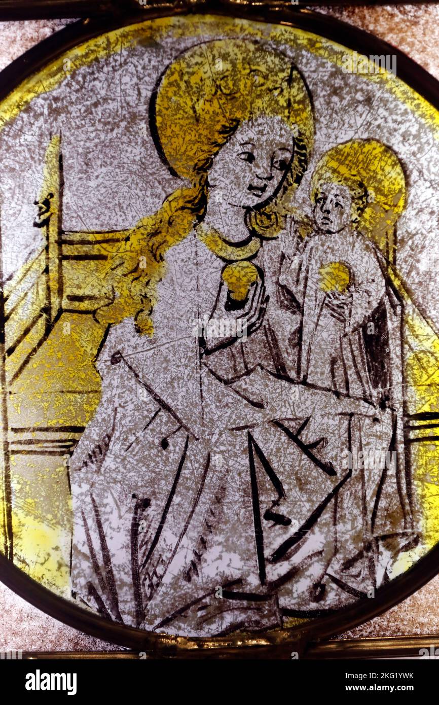 Annecy castle. The museum. Virgin and child. Stained glass window. 16 ...