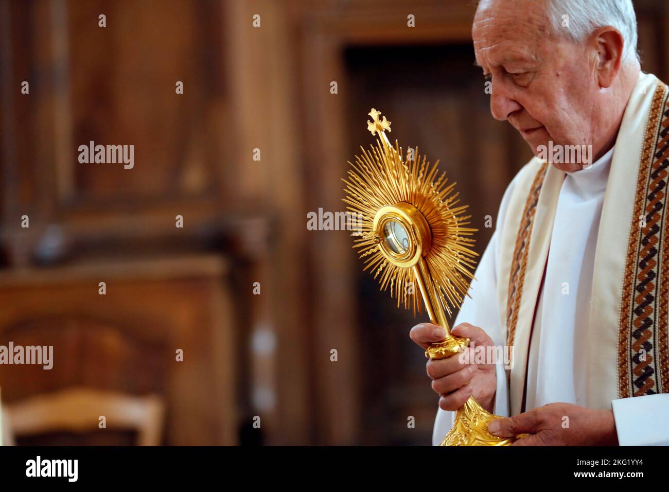 The Blessed Sacrament in a monstrance. Eucharist adoration. France ...