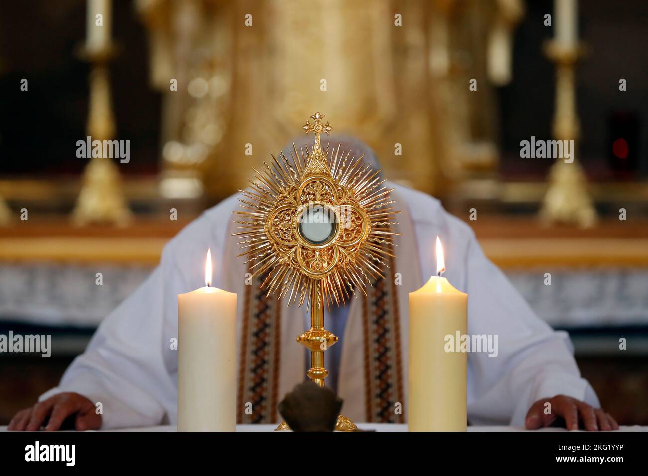 The Blessed Sacrament in a monstrance. Eucharist adoration. France ...