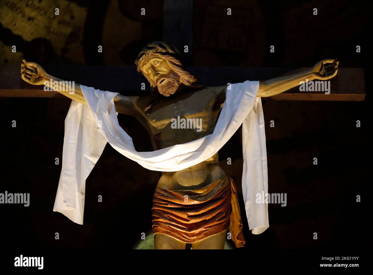 Notre Dame de Vie sanctuary. Jesus on the cross with white shroud ...