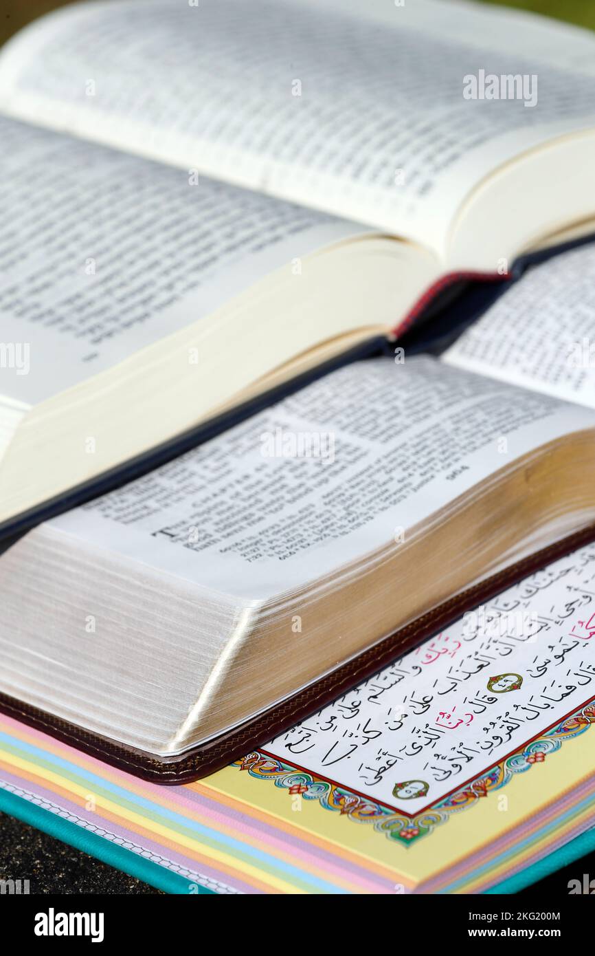 Open religious books : Quran, Bible and Torah. Christianity, Islam ...