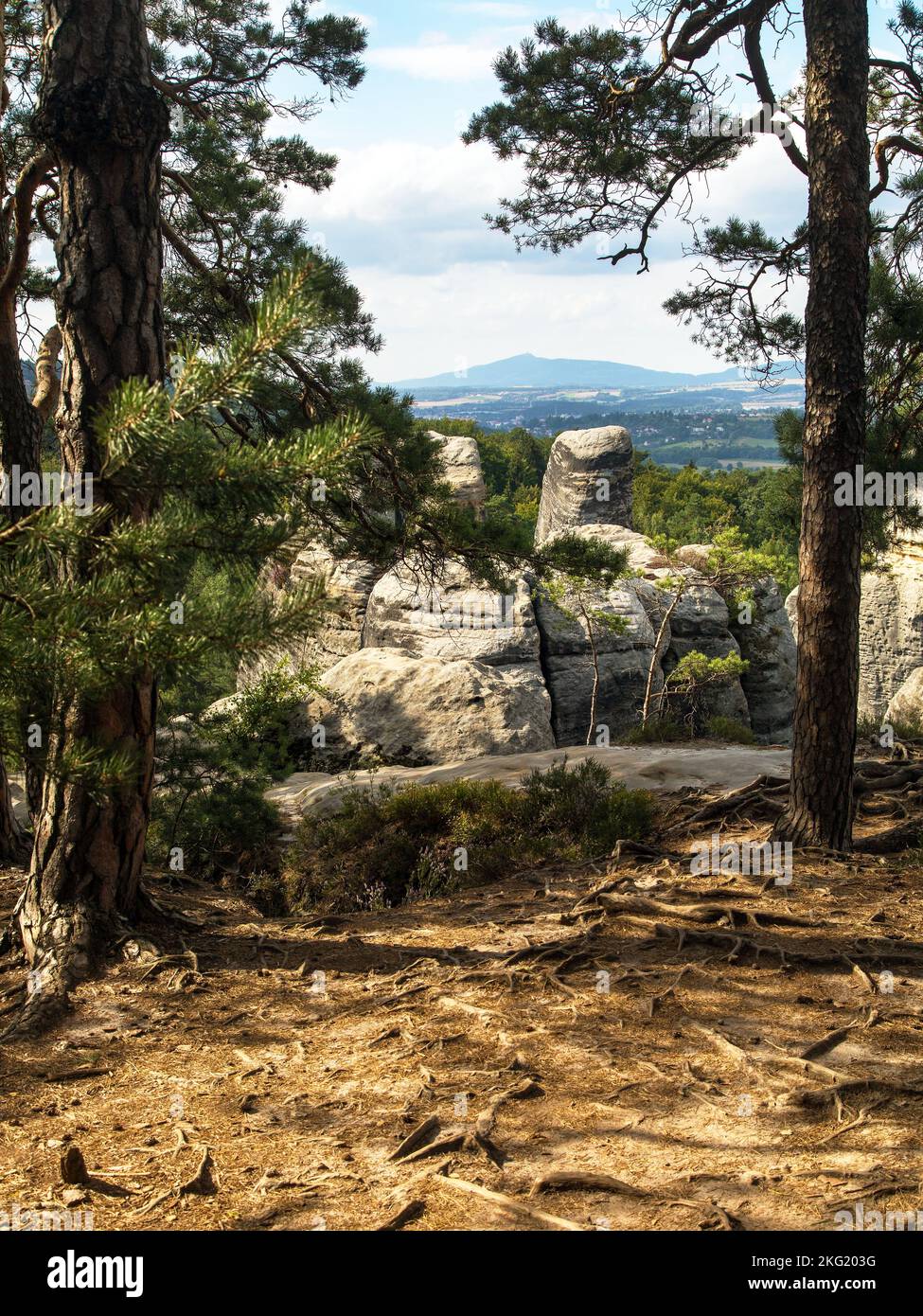 Hruboskalske skalni mesto rock panorama and mount Jested, sandstone ...