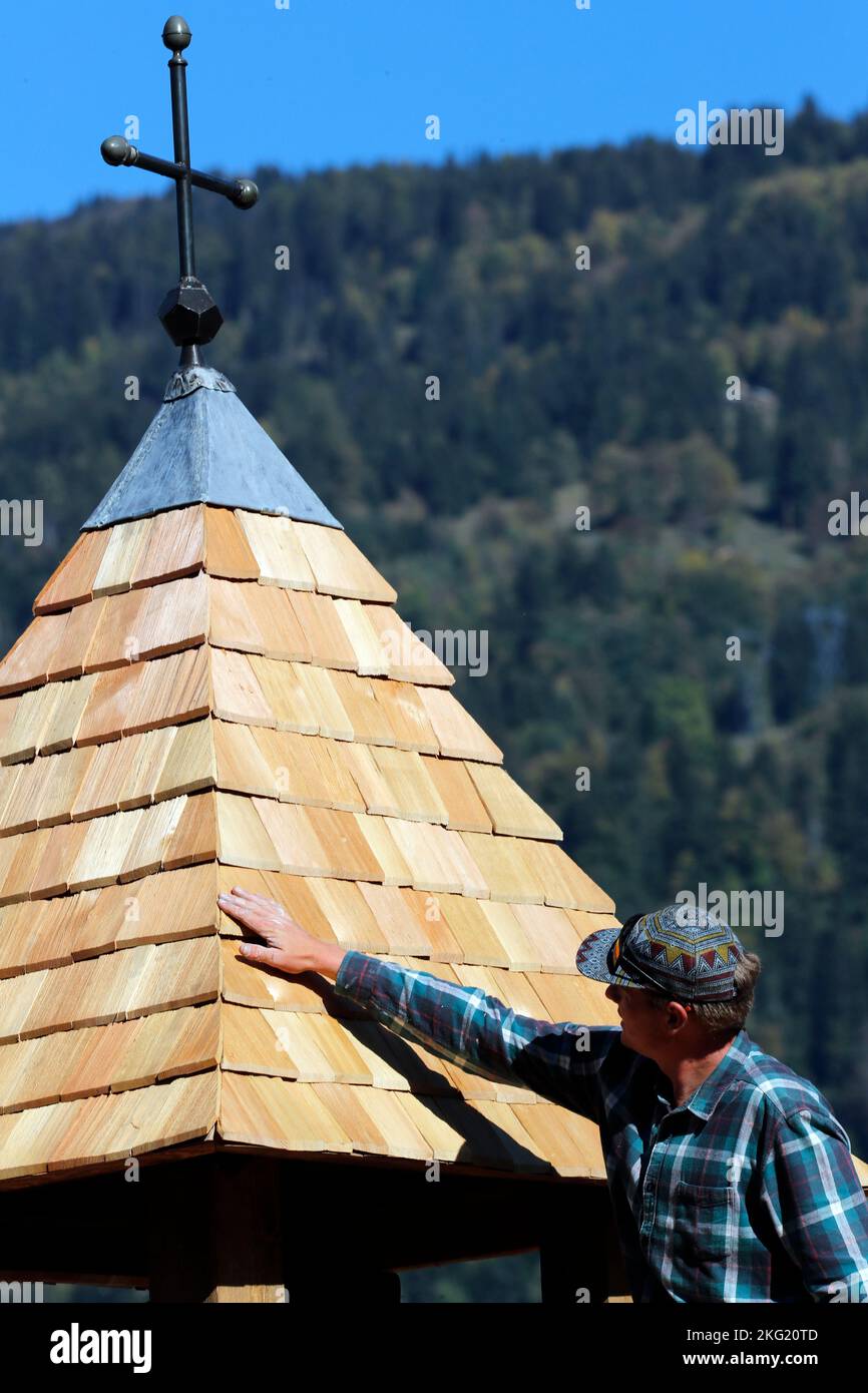 La Combe baroque chapel under renovation. Bell tower. Carpenter. France ...
