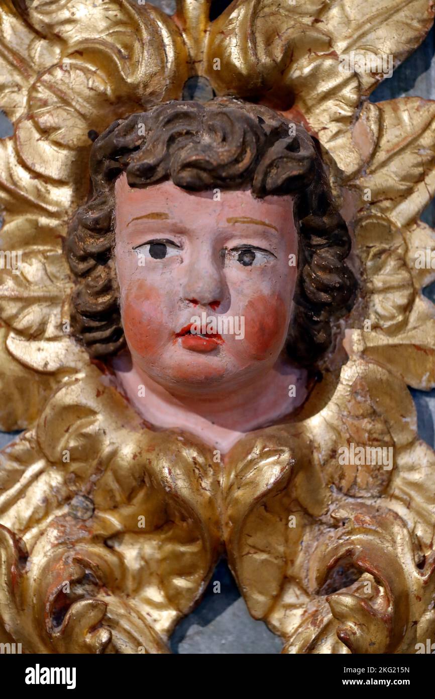 Gollet baroque chapel after renovation. Angel sculpture. France Stock ...
