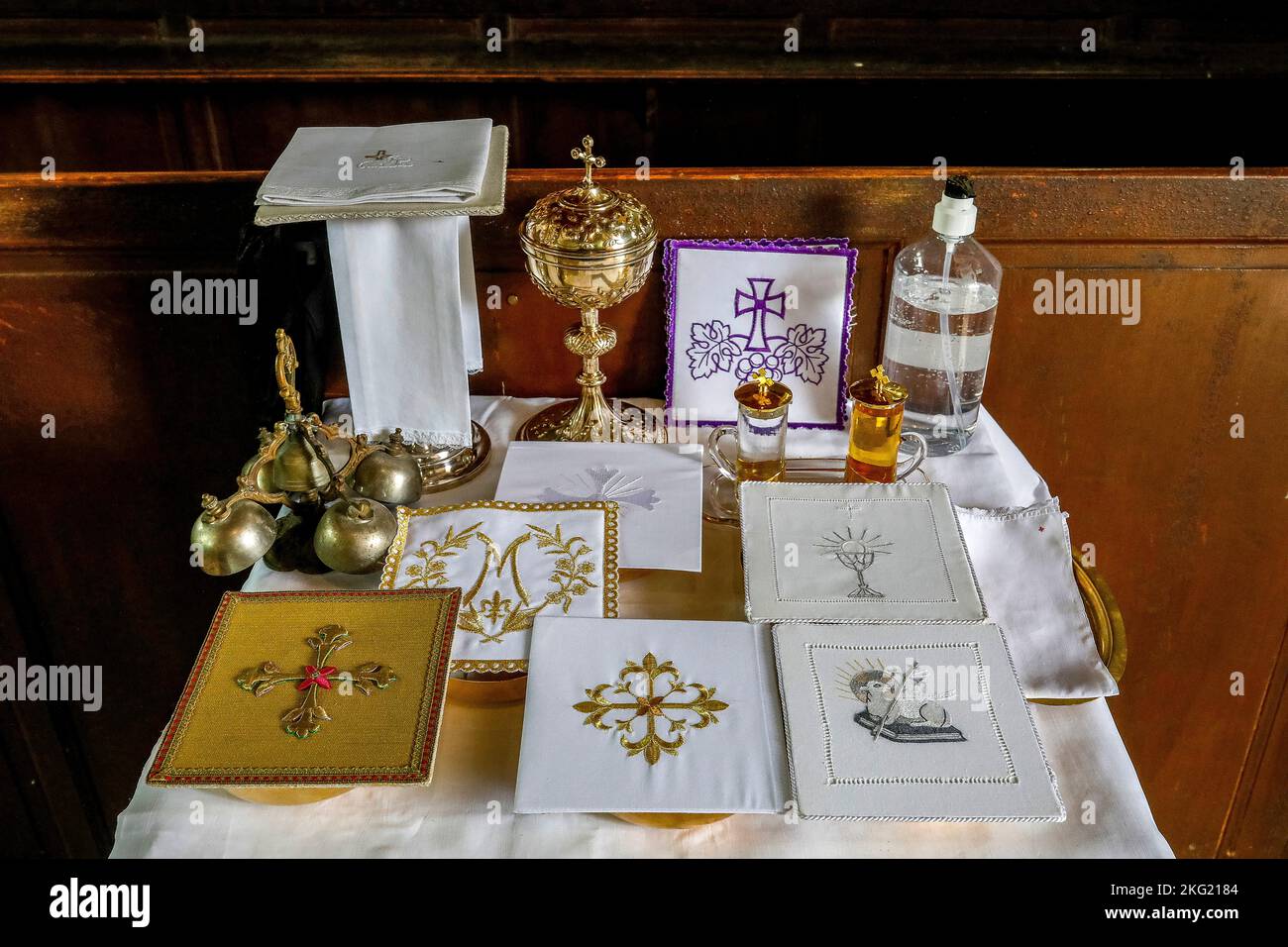 Liturgical objects in Holy Trinity church, Pinterville, France Stock ...