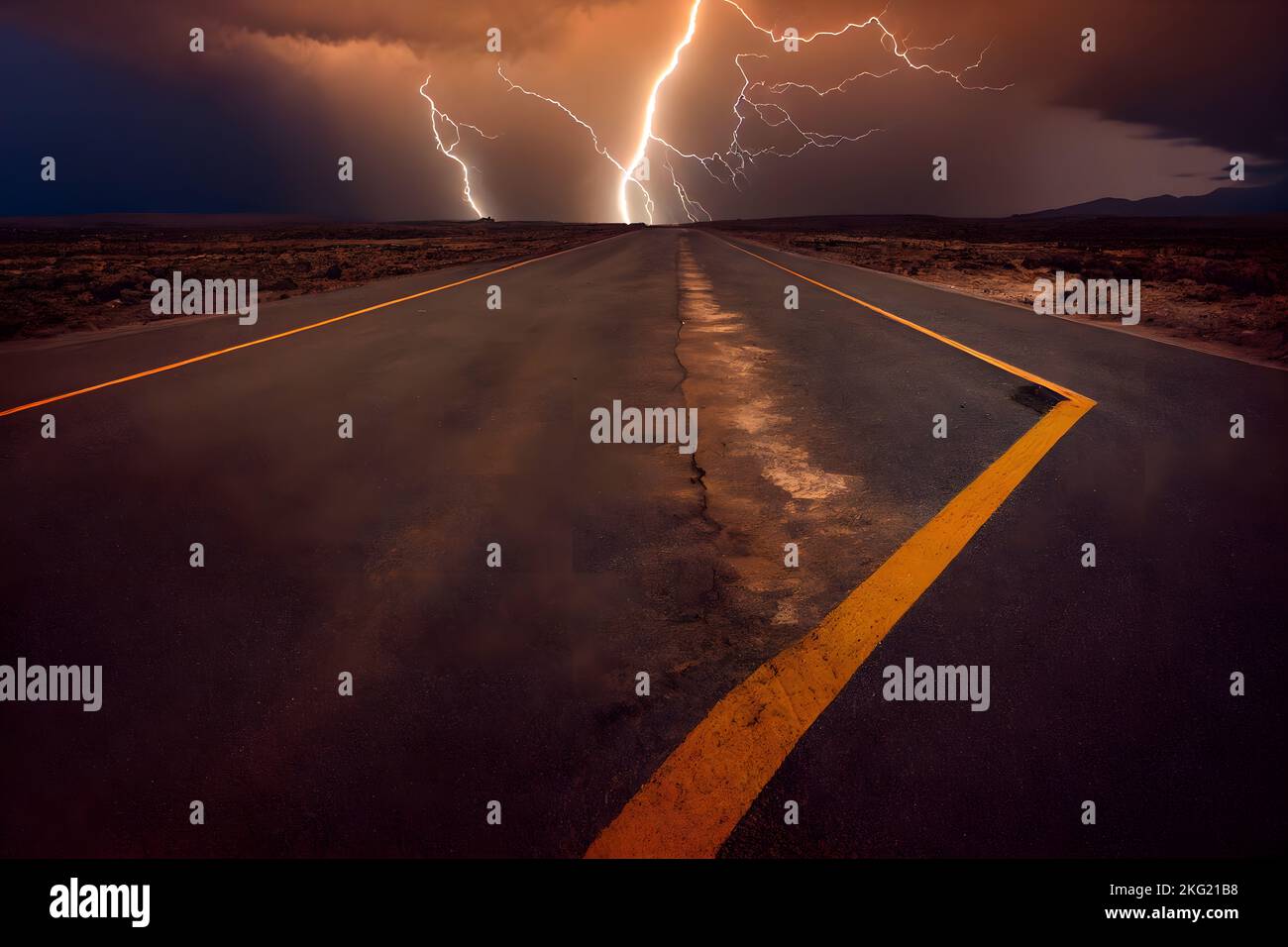 A low-angle shot of a desert road with an intense thunderstorm and ...