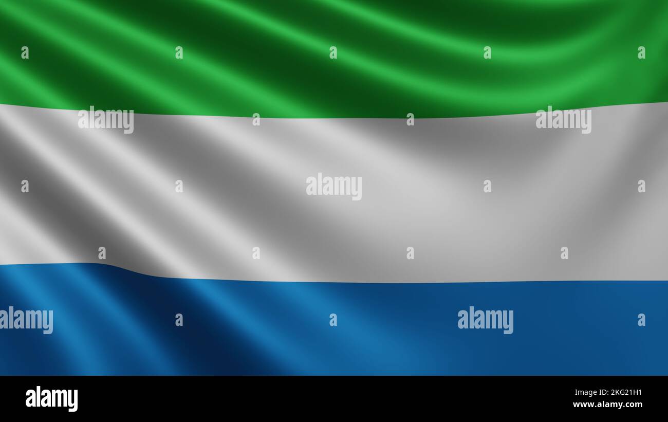 Render of the Sierra Leone flag flutters in the wind close-up, the ...
