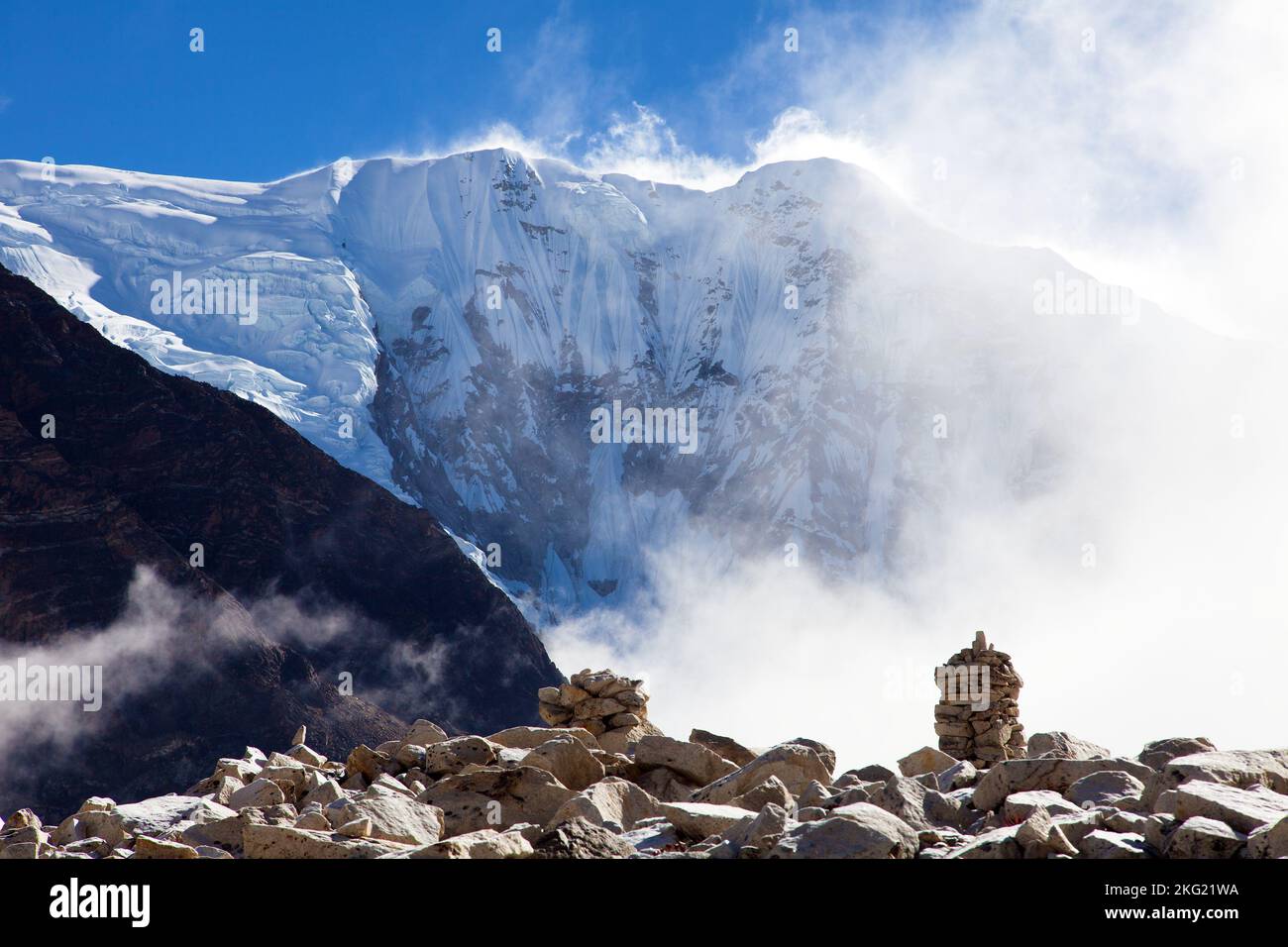 view from Nepal Himalayas mountains, white snowy rock face and stone ...