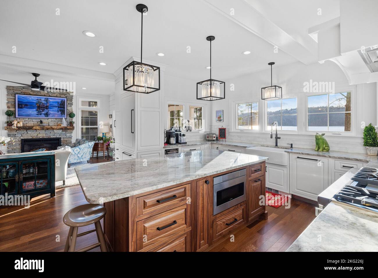 A white marble table against the white kitchen with small windows Stock ...