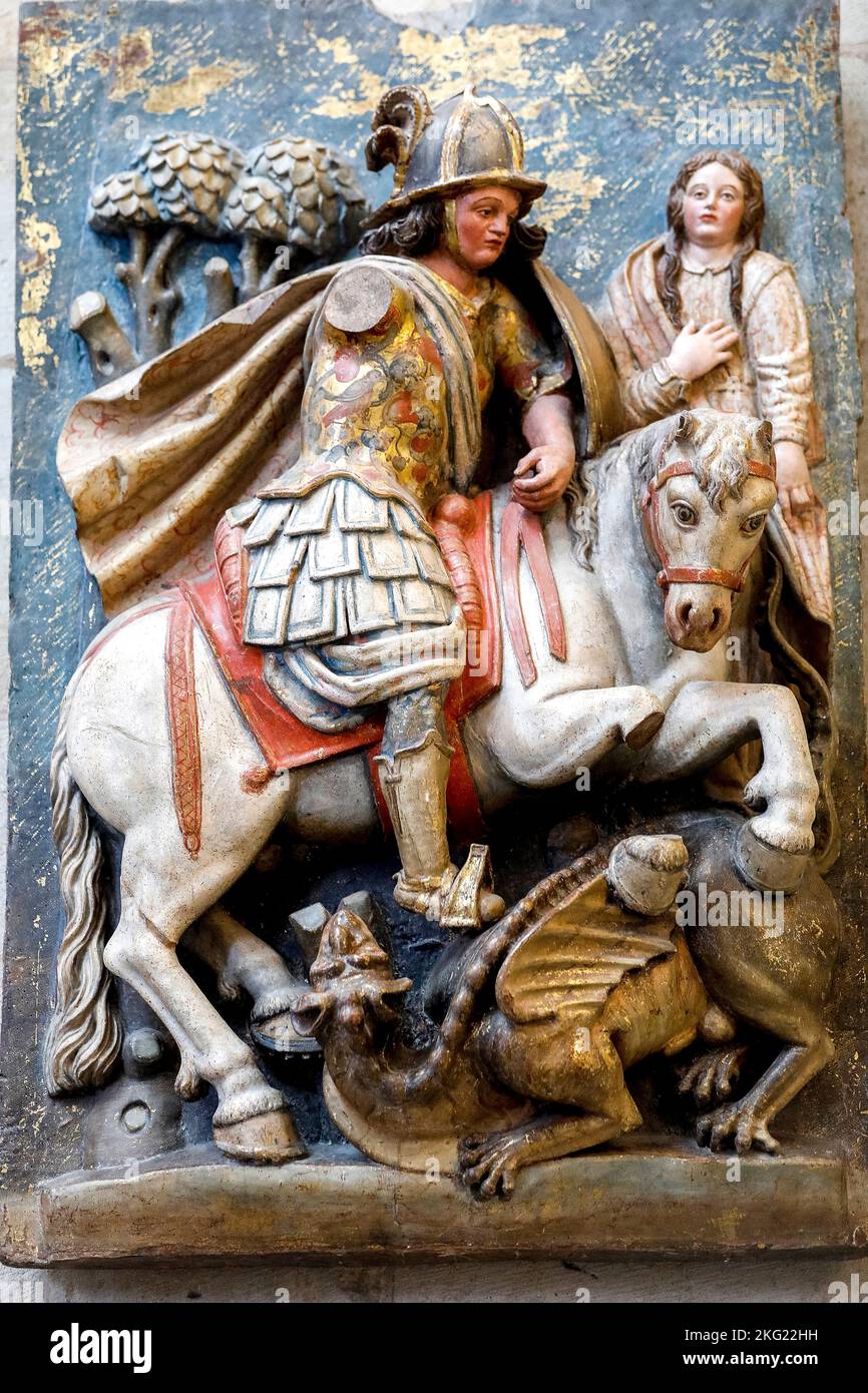 Saint Julien cathedral, Le Mans, France. Relief depicting Saint George ...