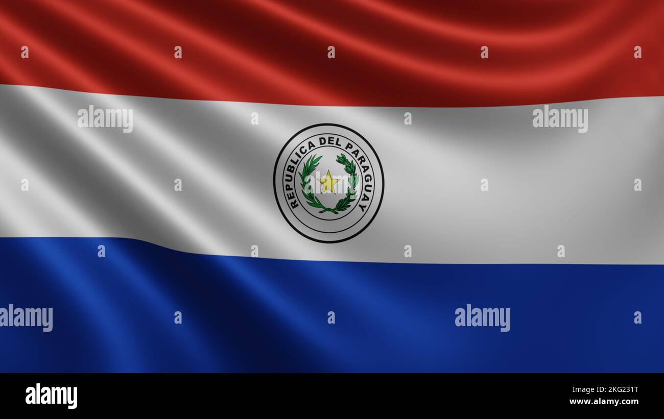 Render of the Paraguay flag flutters in the wind close-up, the national ...
